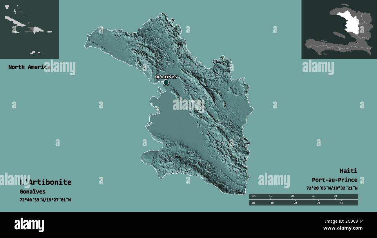 Shape of L'Artibonite, department of Haiti, and its capital. Distance ...