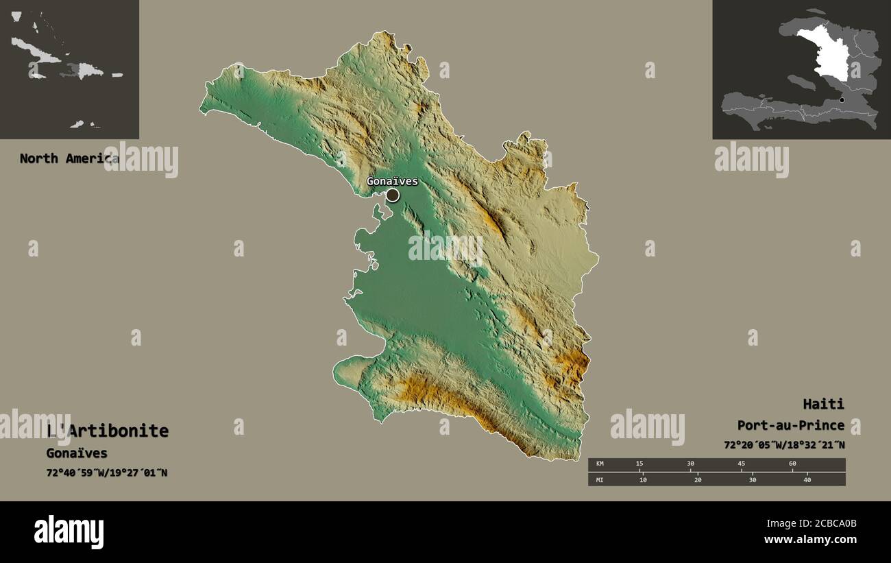 Shape of L'Artibonite, department of Haiti, and its capital. Distance ...