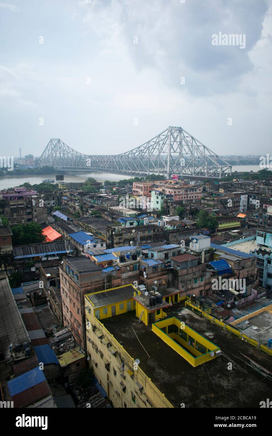 bird eye view of kolkata city with hooghly river and howrah bridge ...