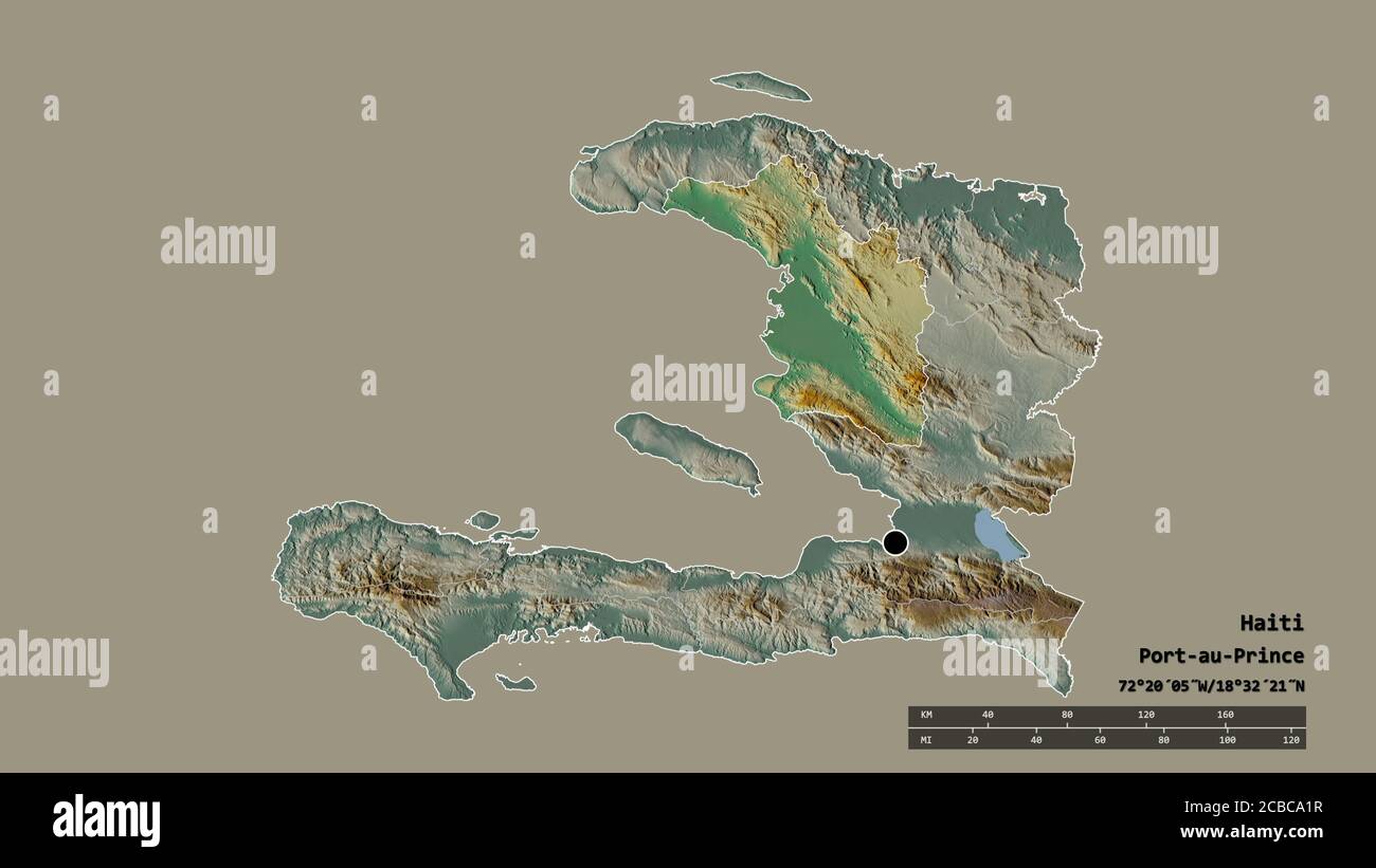 Desaturated shape of Haiti with its capital, main regional division and ...
