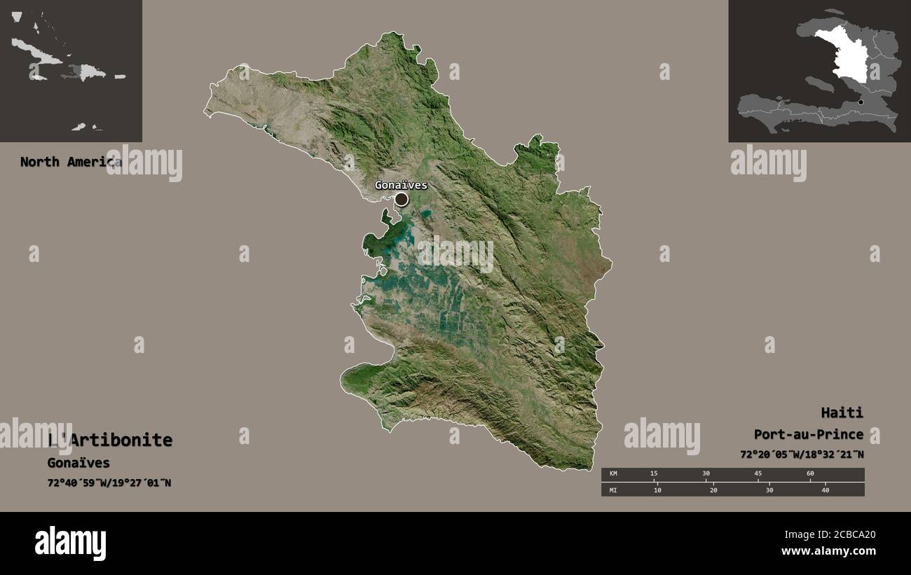 Shape of L'Artibonite, department of Haiti, and its capital. Distance ...