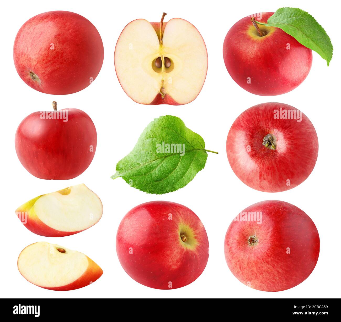 Isolated red apples. Collection of whole and cut red apples isolated on ...