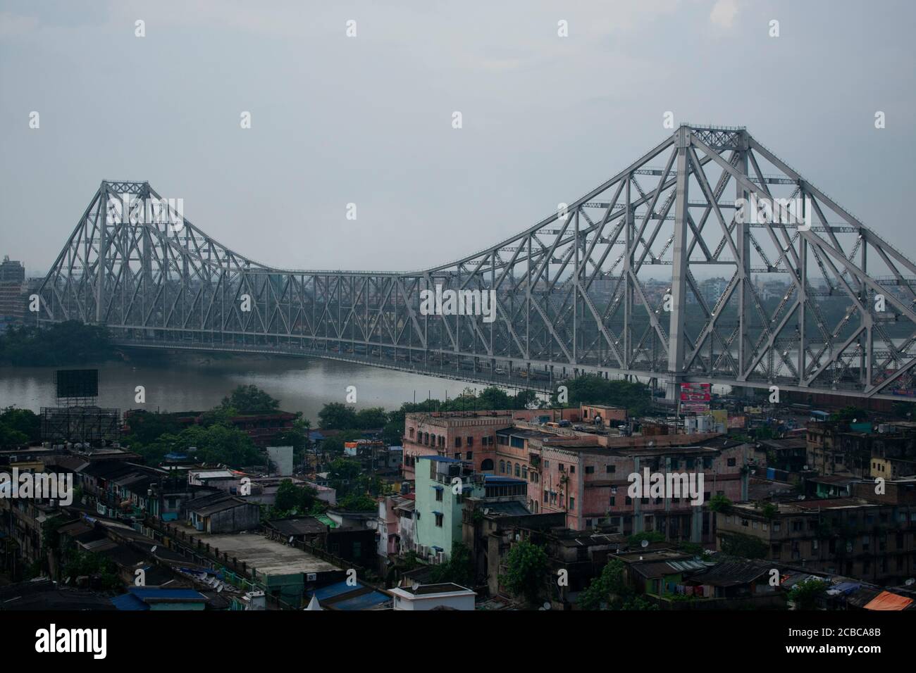 bird eye view of kolkata city with hooghly river and howrah bridge ...