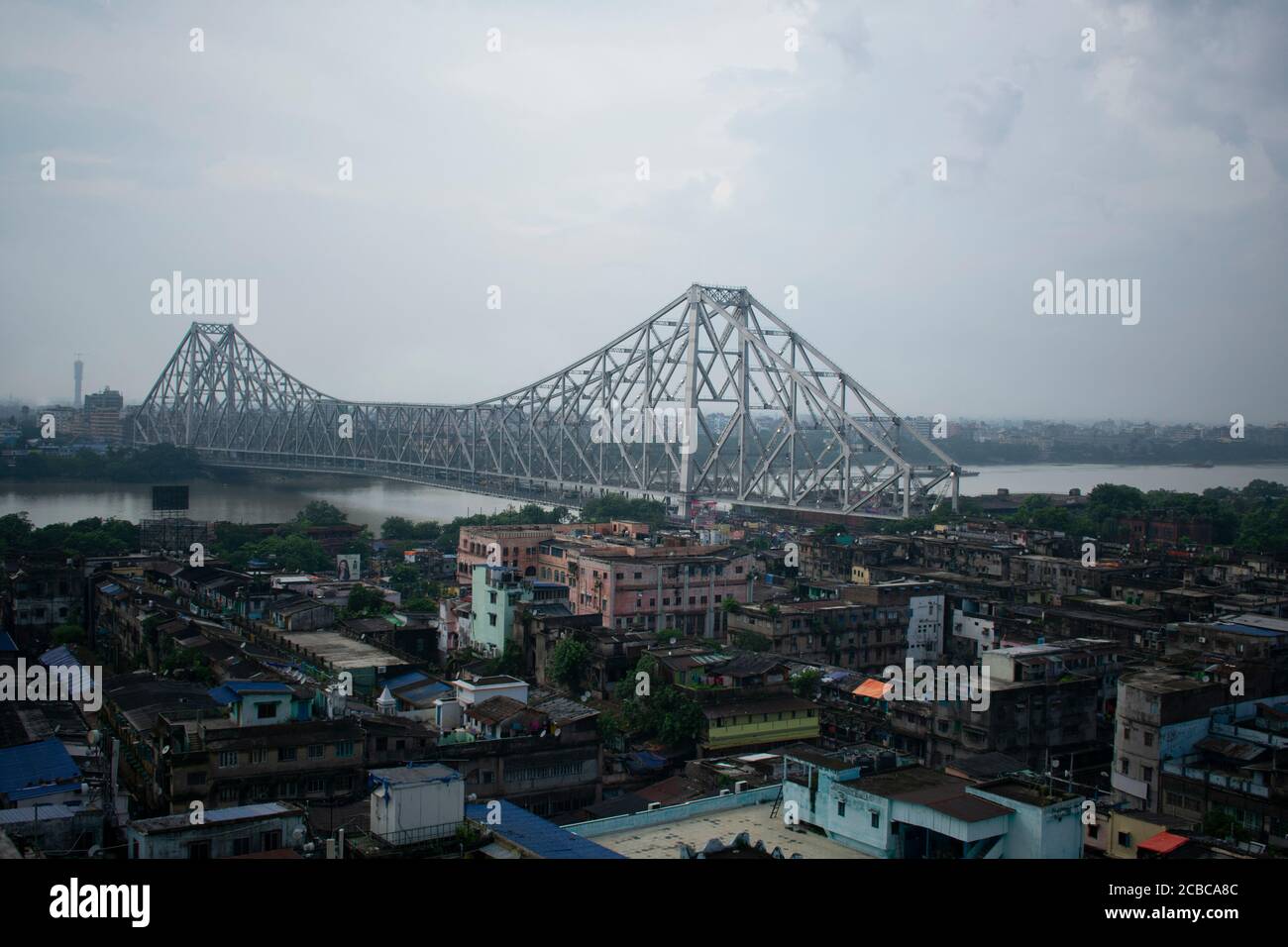 bird eye view of kolkata city with hooghly river and howrah bridge ...
