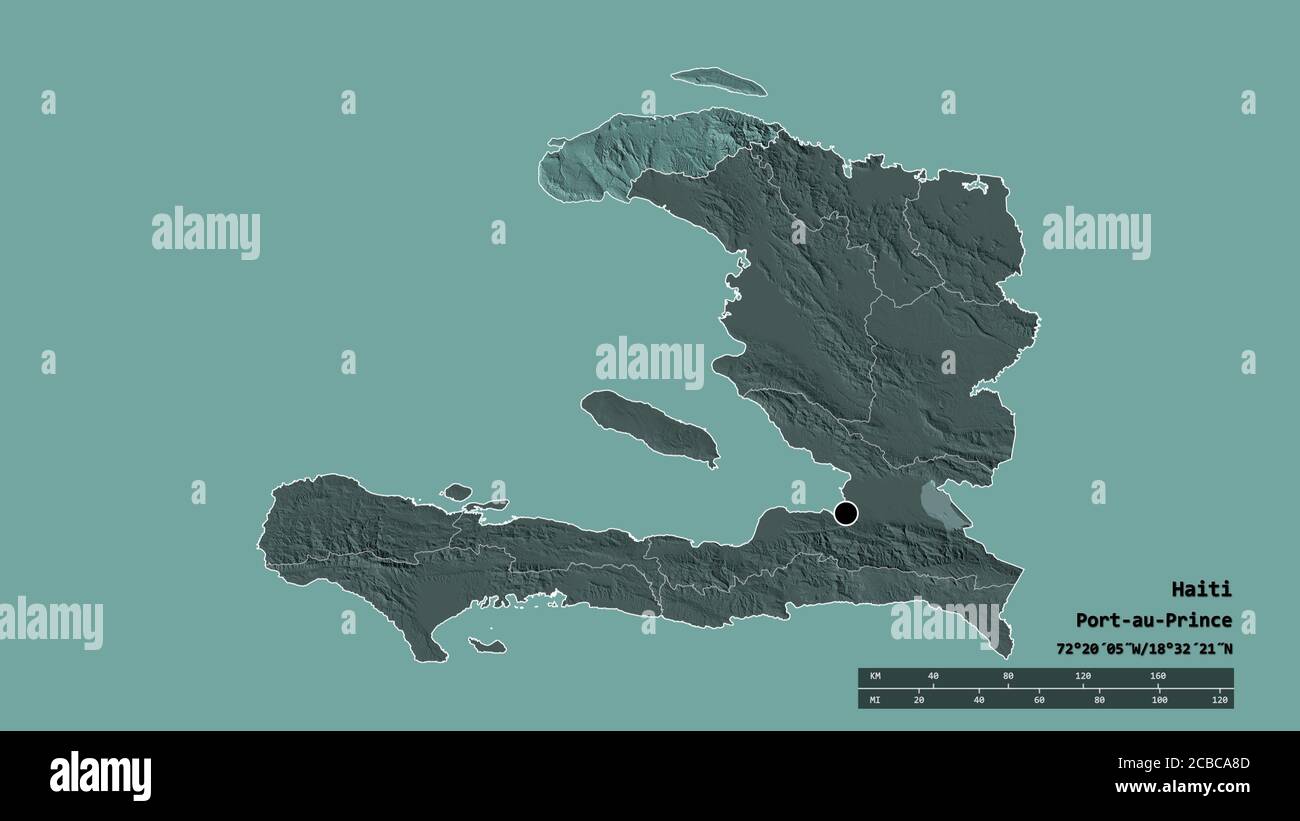 Desaturated shape of Haiti with its capital, main regional division and ...