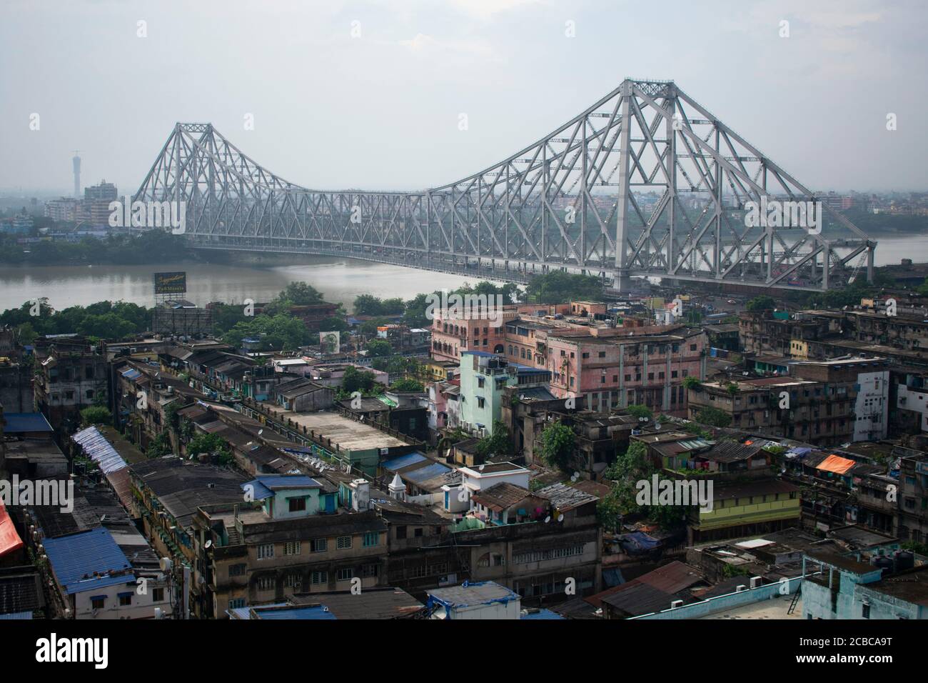 bird eye view of kolkata city with hooghly river and howrah bridge ...