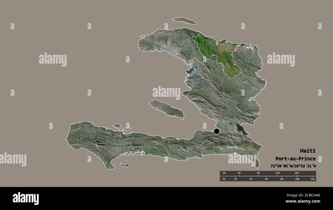 Desaturated shape of Haiti with its capital, main regional division and ...