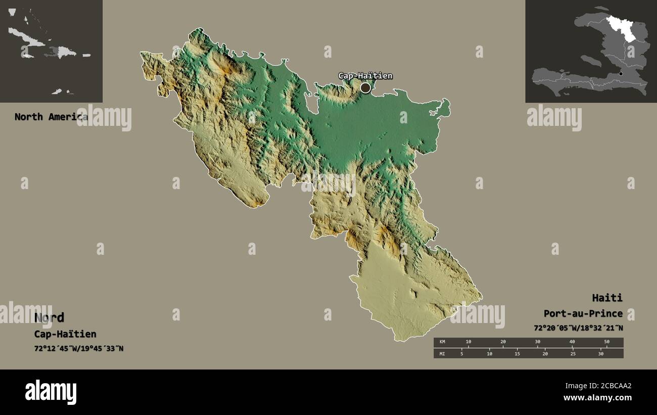 Shape of Nord, department of Haiti, and its capital. Distance scale ...