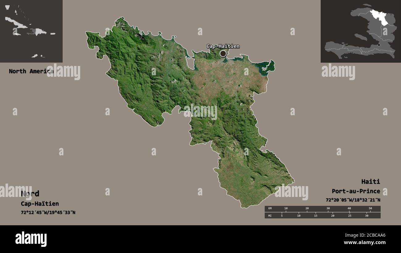 Shape of Nord, department of Haiti, and its capital. Distance scale ...