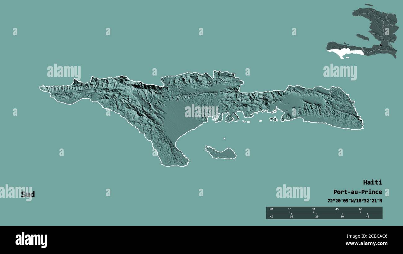 Shape of Sud, department of Haiti, with its capital isolated on solid ...