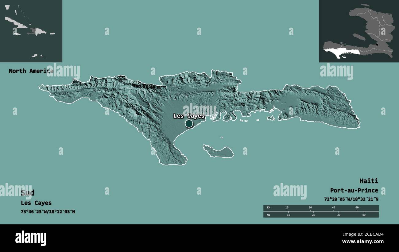 Shape of Sud, department of Haiti, and its capital. Distance scale ...