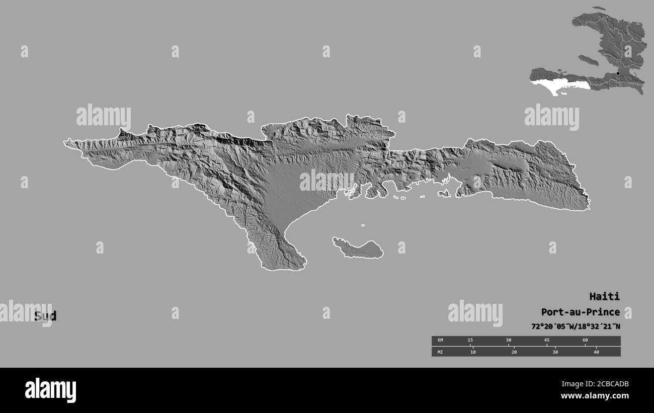 Shape of Sud, department of Haiti, with its capital isolated on solid ...