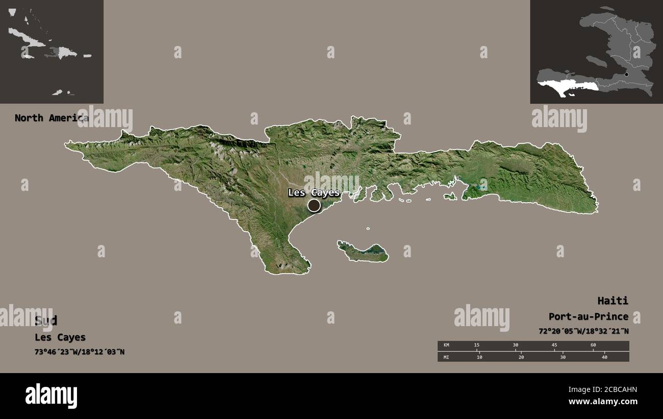Shape of Sud, department of Haiti, and its capital. Distance scale ...