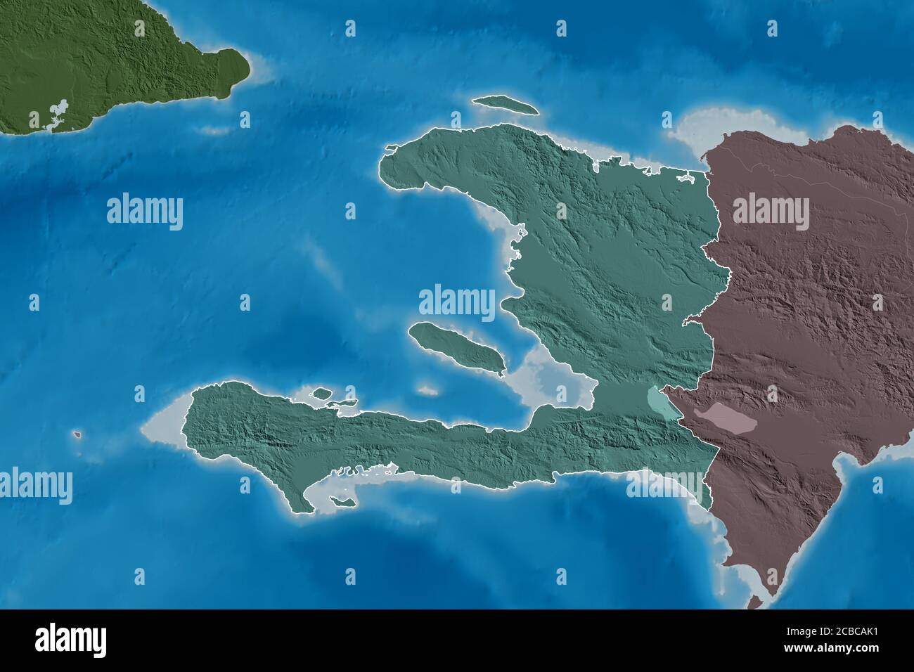 Extended area of outlined Haiti. Colored elevation map. 3D rendering ...