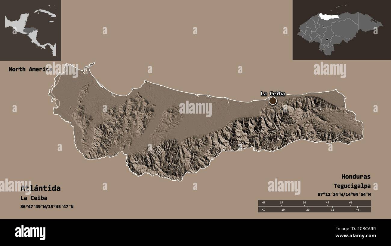 Shape of Atlántida, department of Honduras, and its capital. Distance ...