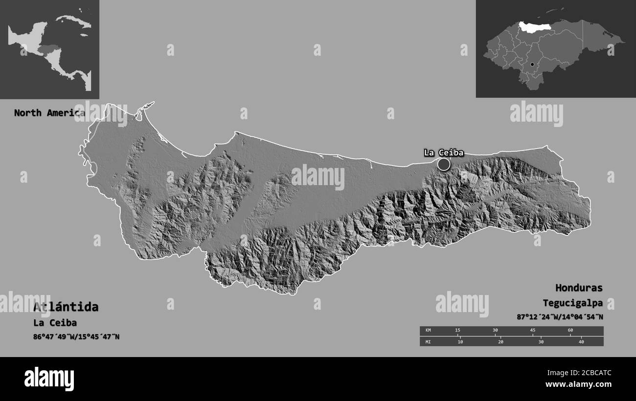 Shape of Atlántida, department of Honduras, and its capital. Distance ...