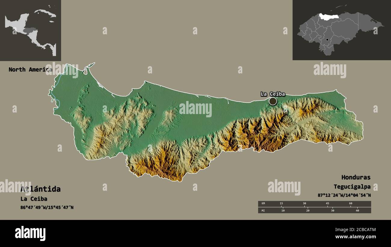 Shape of Atlántida, department of Honduras, and its capital. Distance ...