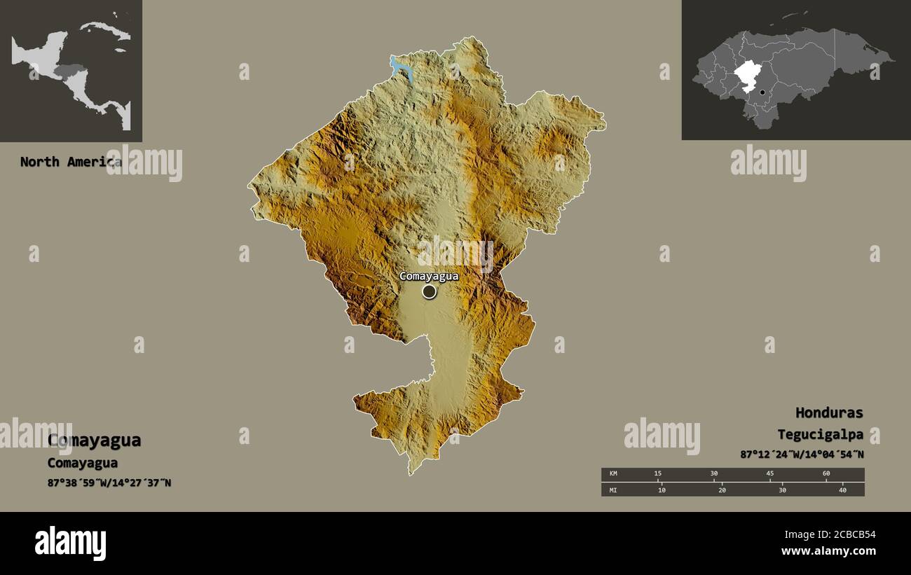 Shape of Comayagua, department of Honduras, and its capital. Distance ...