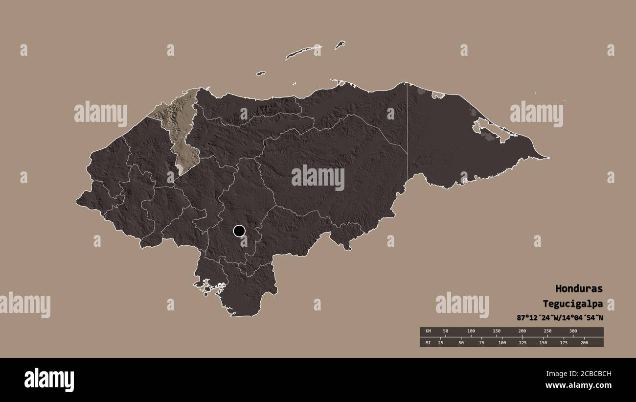 Desaturated shape of Honduras with its capital, main regional division ...