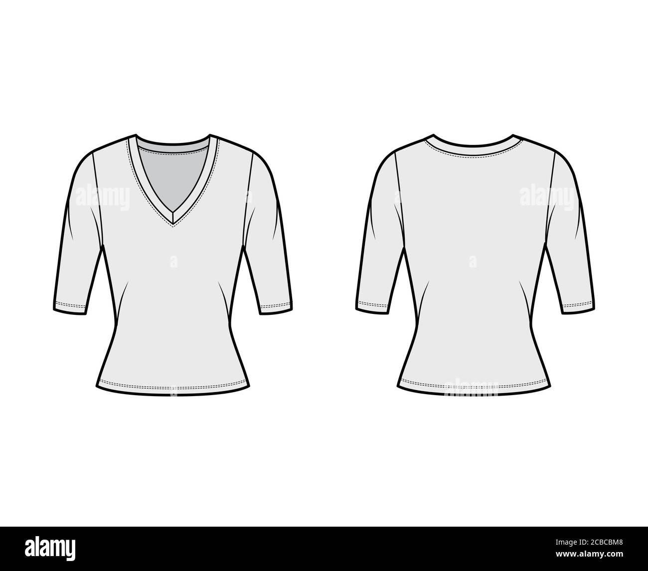 Deep V-neck jersey sweater technical fashion illustration with elbow ...