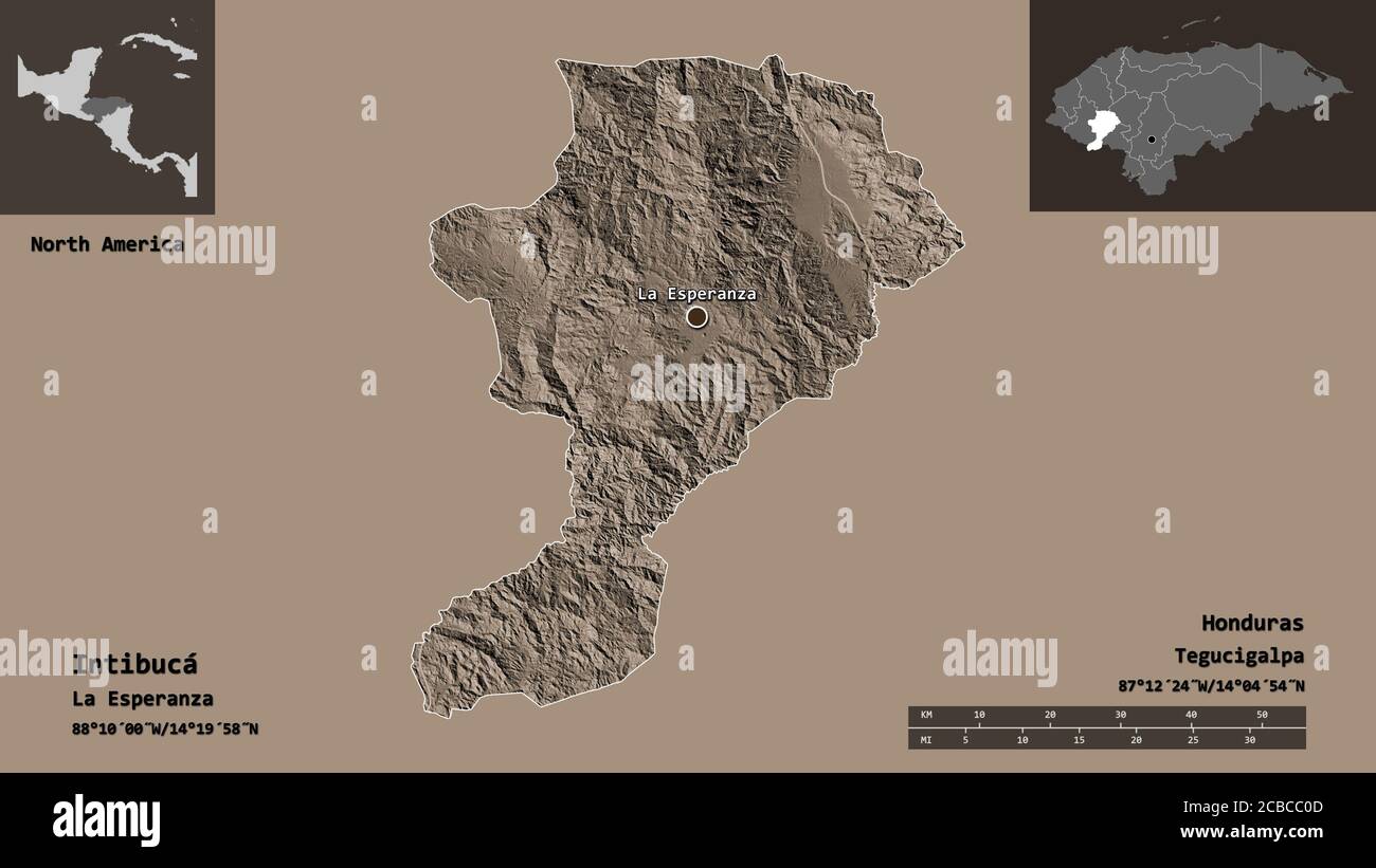 Shape of Intibucá, department of Honduras, and its capital. Distance ...