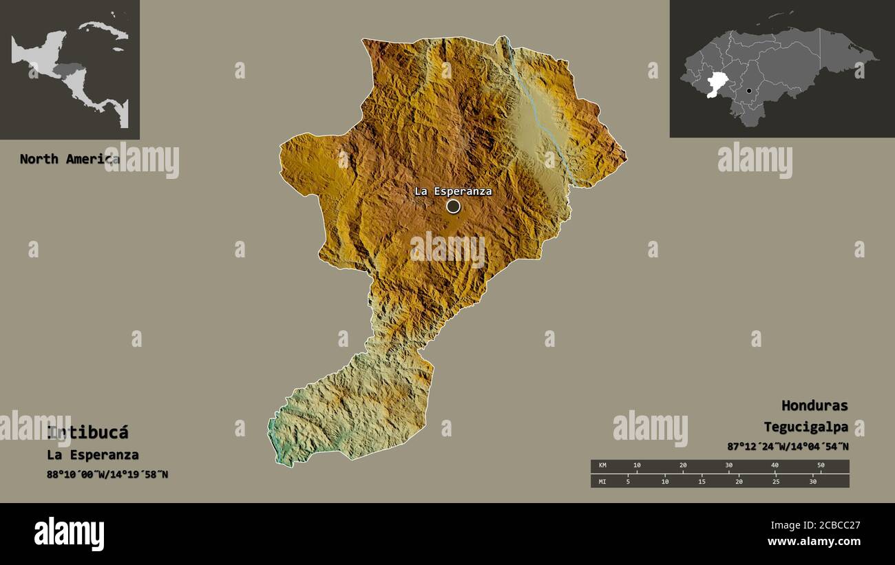 Shape of Intibucá, department of Honduras, and its capital. Distance ...
