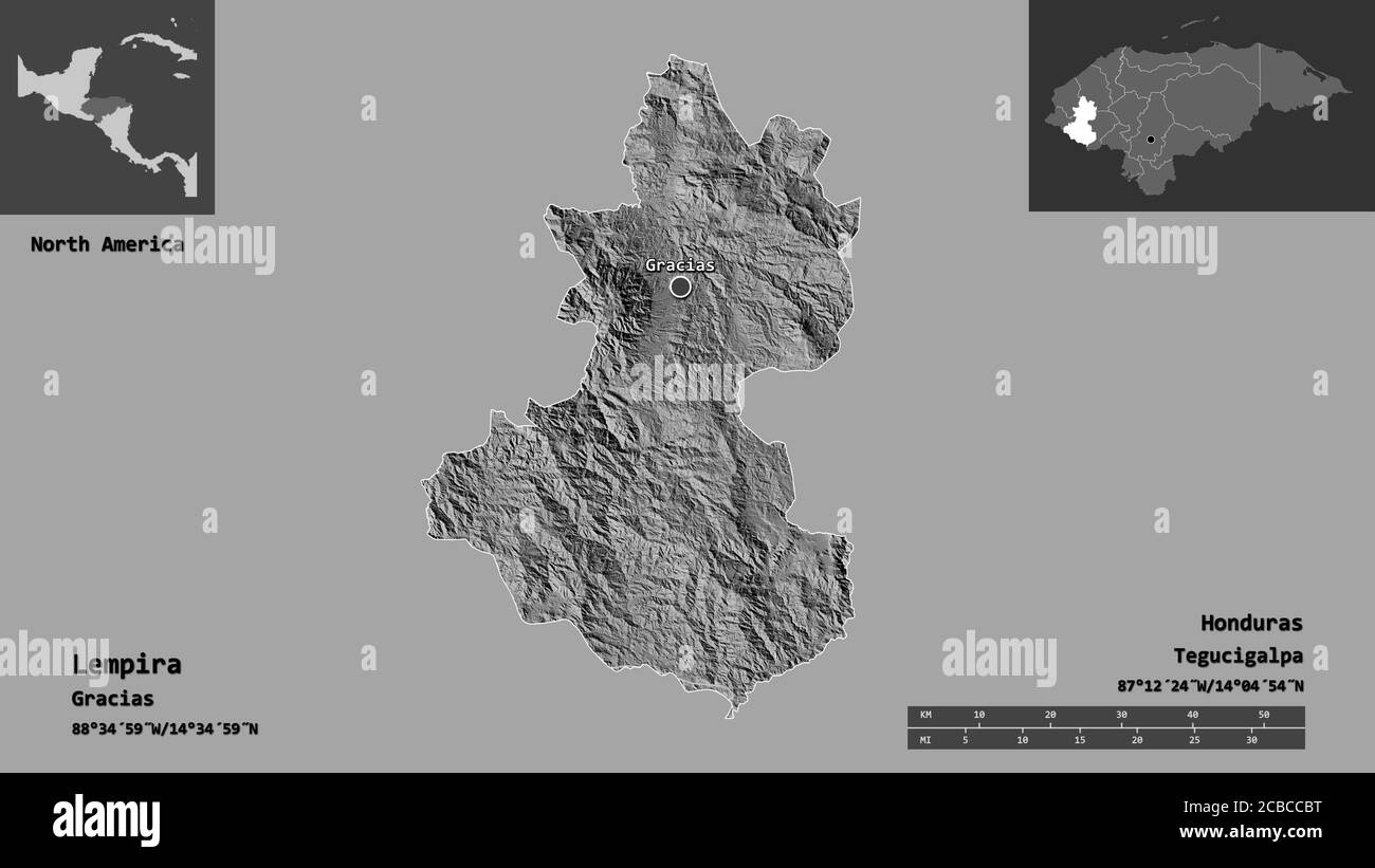 Shape of Lempira, department of Honduras, and its capital. Distance ...