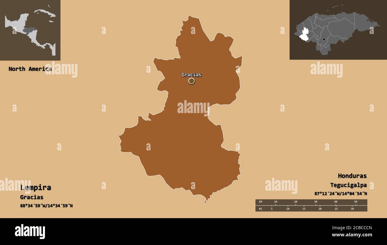 Shape of Lempira, department of Honduras, and its capital. Distance ...