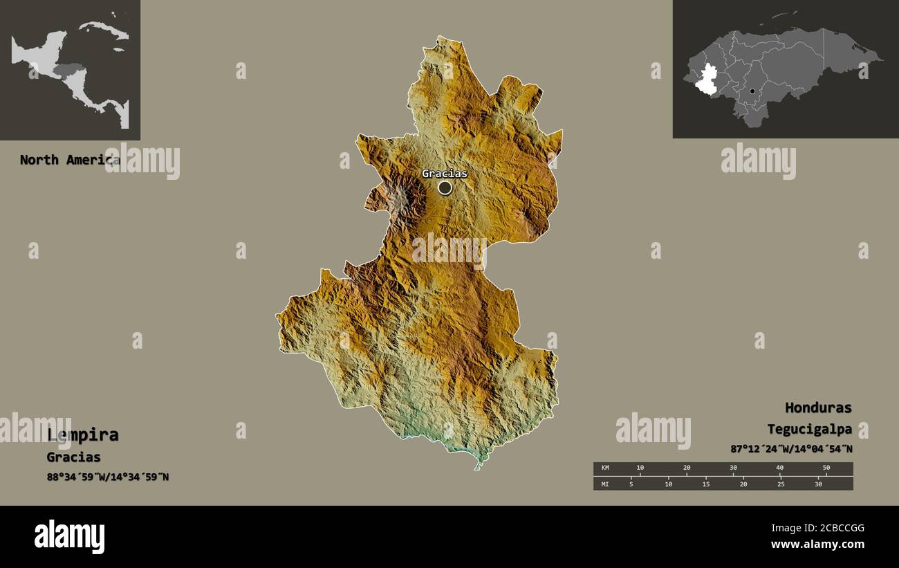 Shape of Lempira, department of Honduras, and its capital. Distance ...