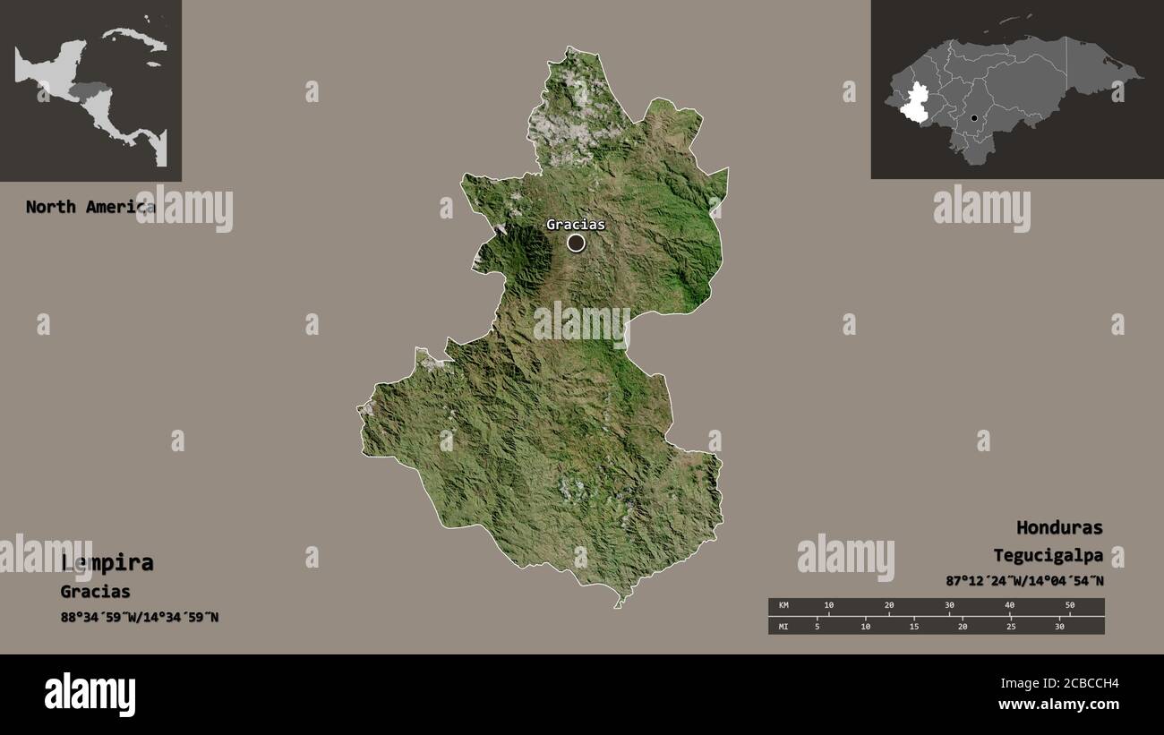 Shape of Lempira, department of Honduras, and its capital. Distance ...