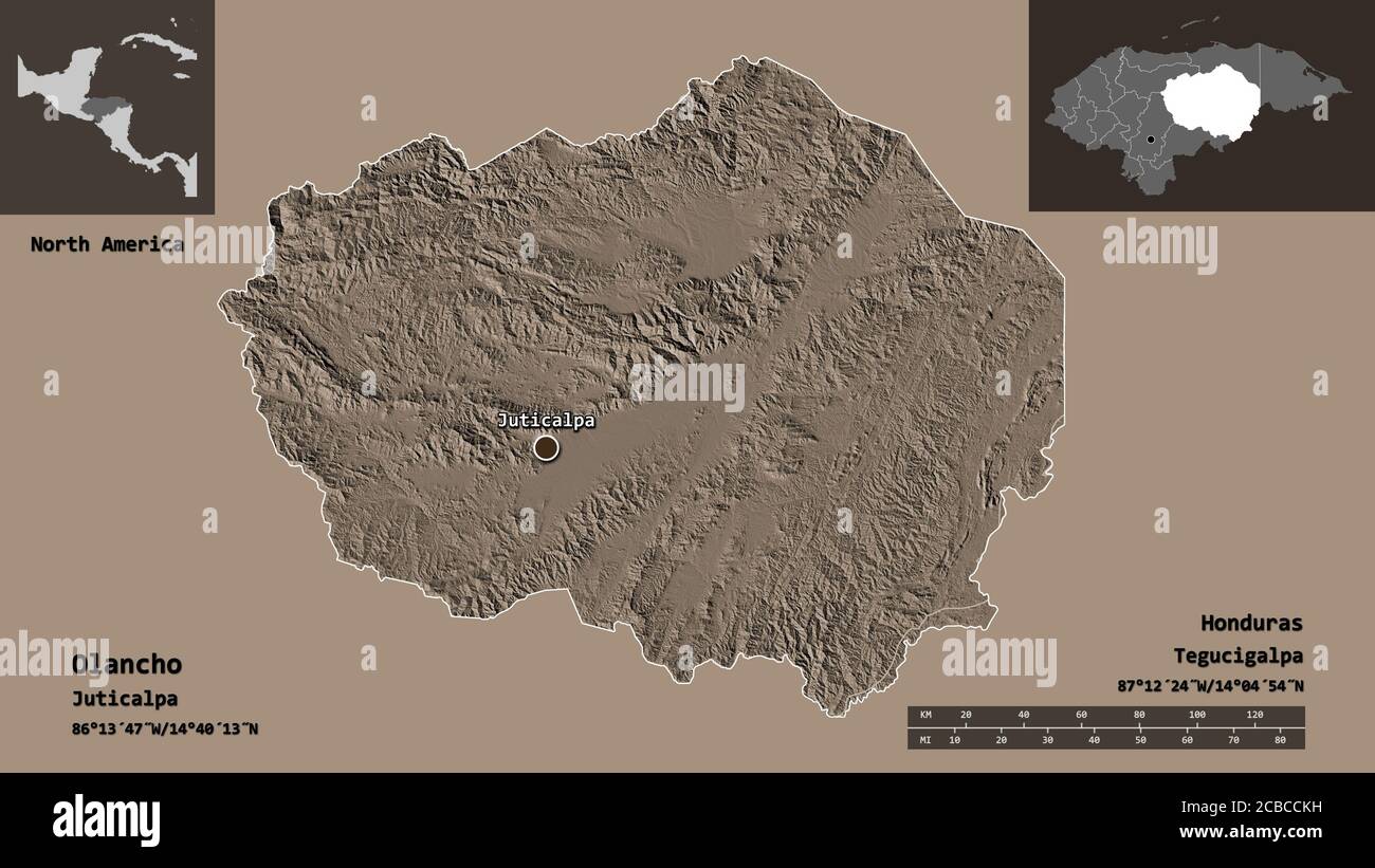 Shape of Olancho, department of Honduras, and its capital. Distance ...
