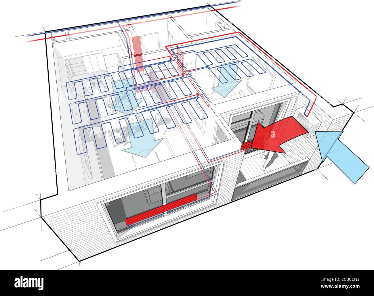 Perspective cutaway diagram of a one bedroom apartment with hot water ...