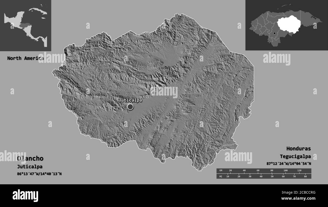 Shape of Olancho, department of Honduras, and its capital. Distance ...