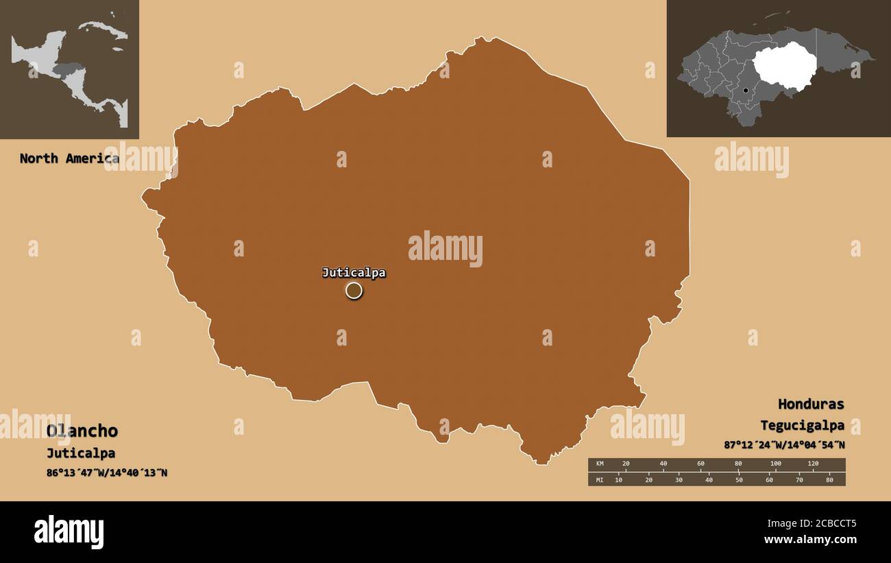 Shape of Olancho, department of Honduras, and its capital. Distance ...