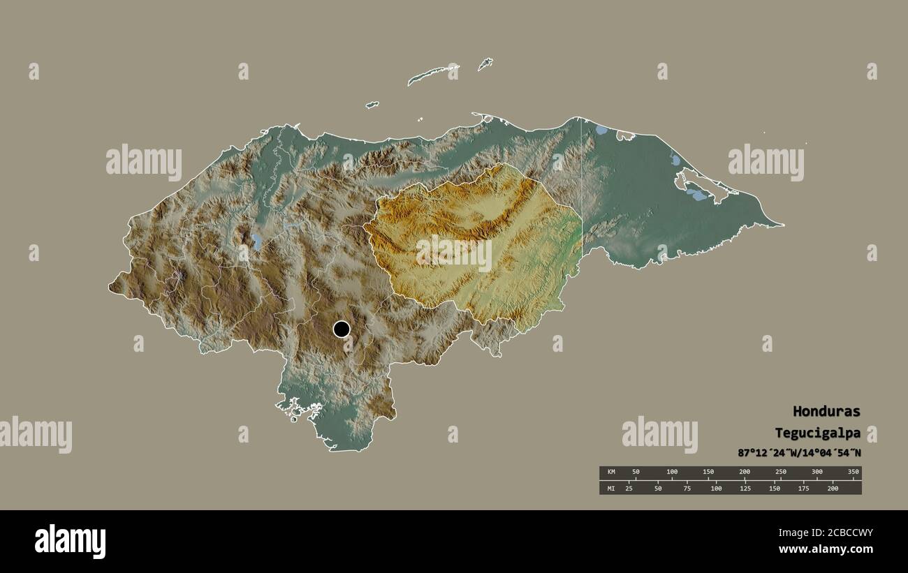 Desaturated shape of Honduras with its capital, main regional division ...