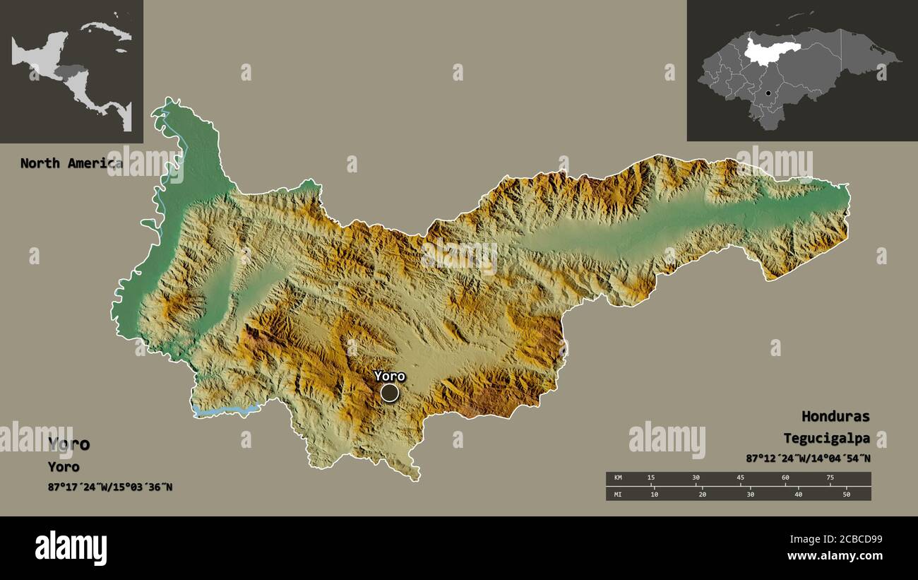 Shape of Yoro, department of Honduras, and its capital. Distance scale ...