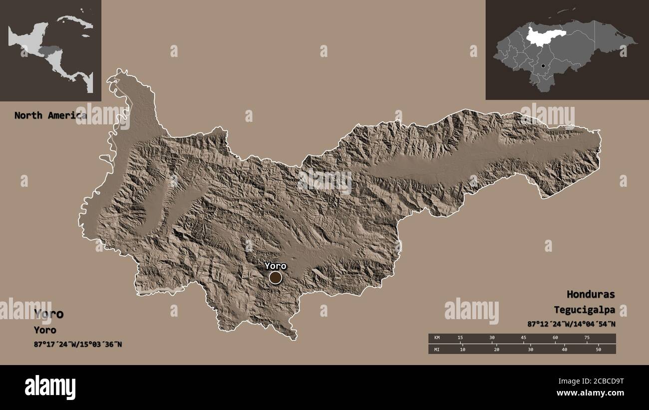 Shape of Yoro, department of Honduras, and its capital. Distance scale ...