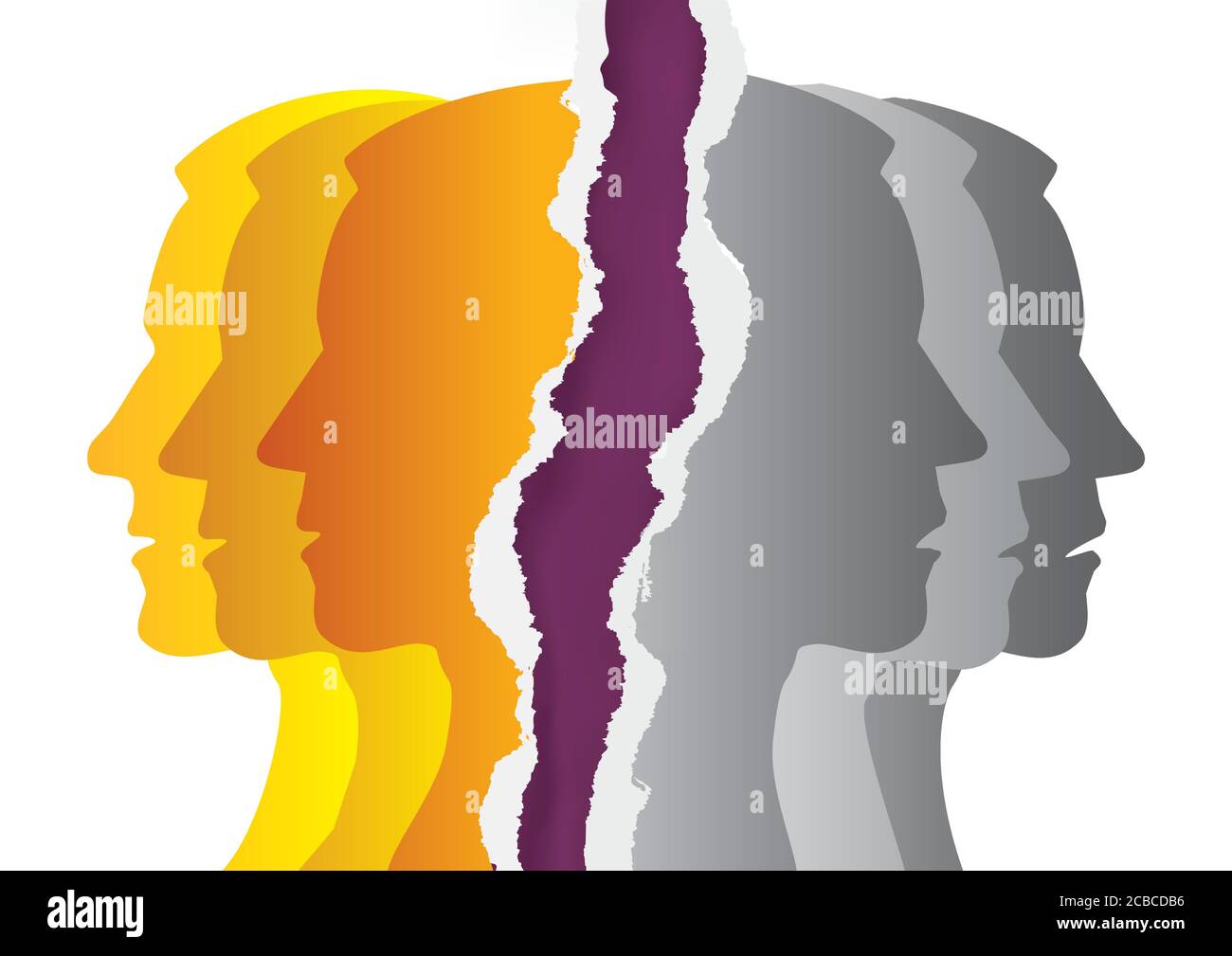 Schizophrenia, manic depression, male head silhouettes on torn paper ...