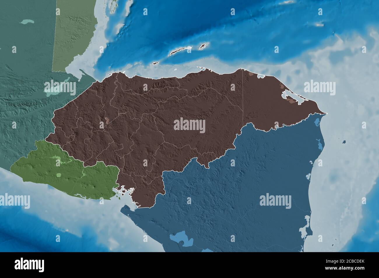Extended area of Honduras with country outline, international and ...