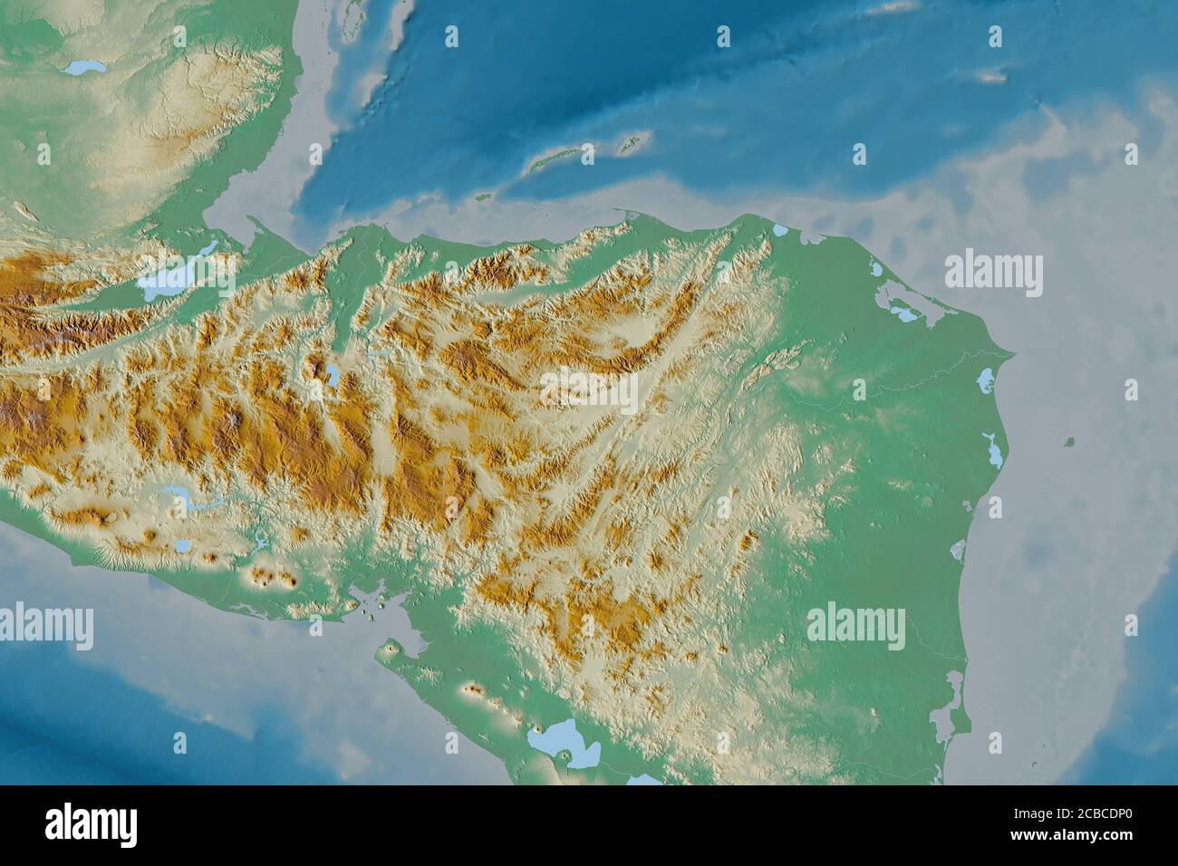 Extended area of Honduras. Topographic relief map. 3D rendering Stock ...