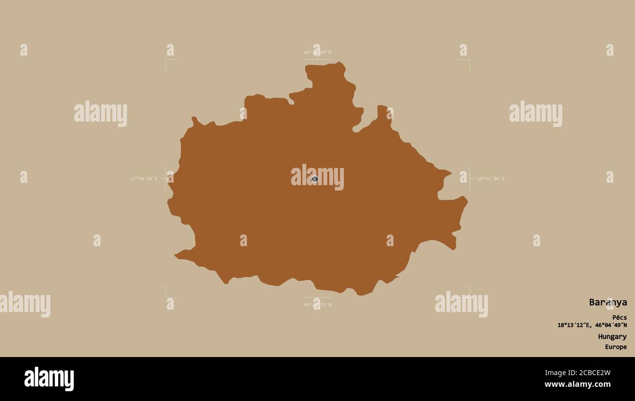 Area of Baranya, county of Hungary, isolated on a solid background in a ...