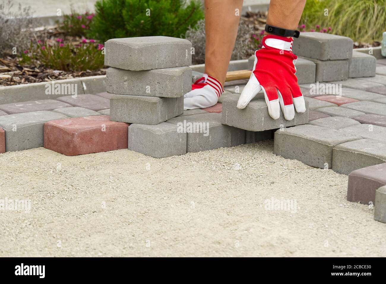 worker laying paving stones. stone pavement, construction worker laying ...