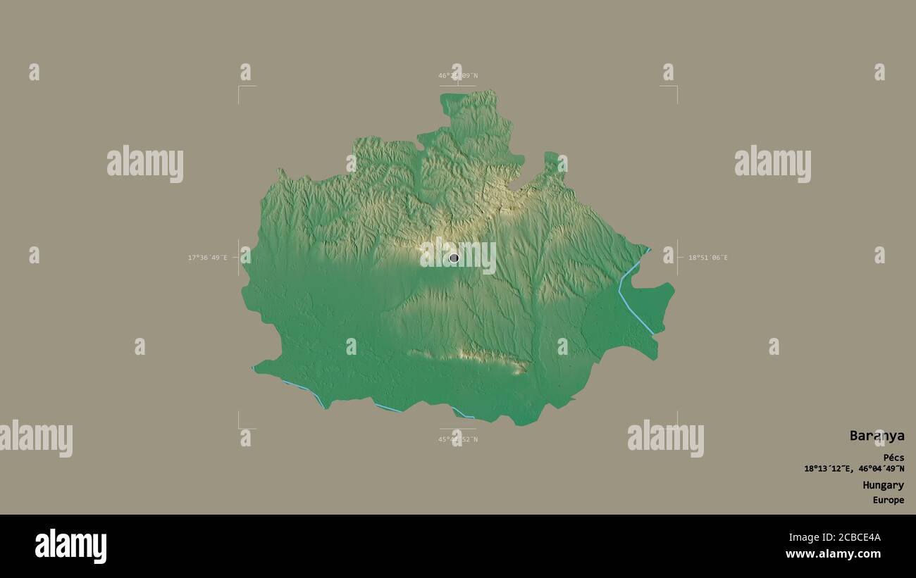 Area of Baranya, county of Hungary, isolated on a solid background in a ...