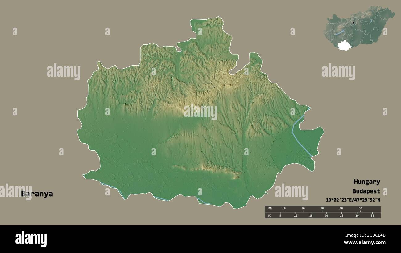Shape of Baranya, county of Hungary, with its capital isolated on solid ...