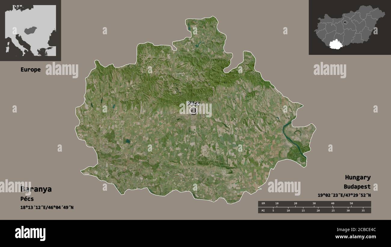 Shape of Baranya, county of Hungary, and its capital. Distance scale ...