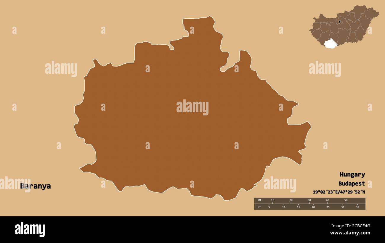 Shape of Baranya, county of Hungary, with its capital isolated on solid ...