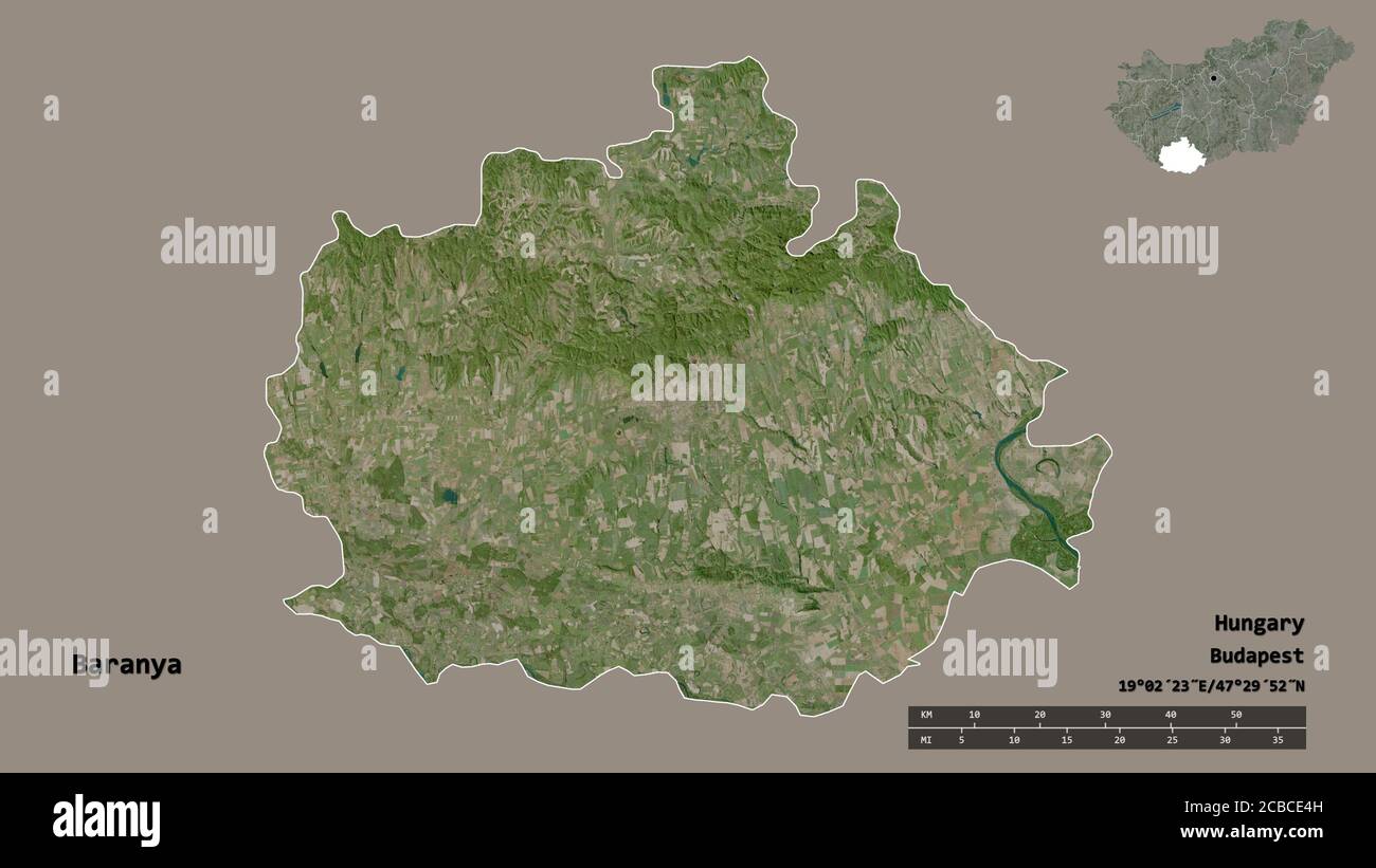 Shape of Baranya, county of Hungary, with its capital isolated on solid ...