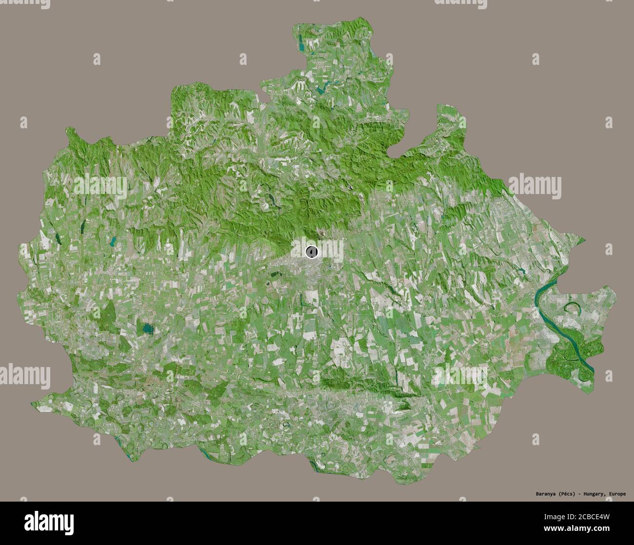 Shape of Baranya, county of Hungary, with its capital isolated on a ...