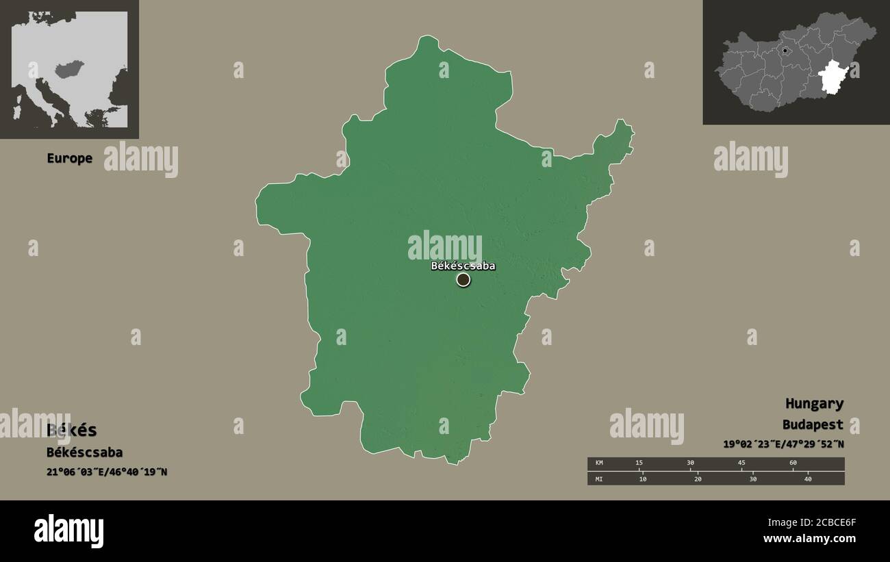 Shape of Békés, county of Hungary, and its capital. Distance scale ...