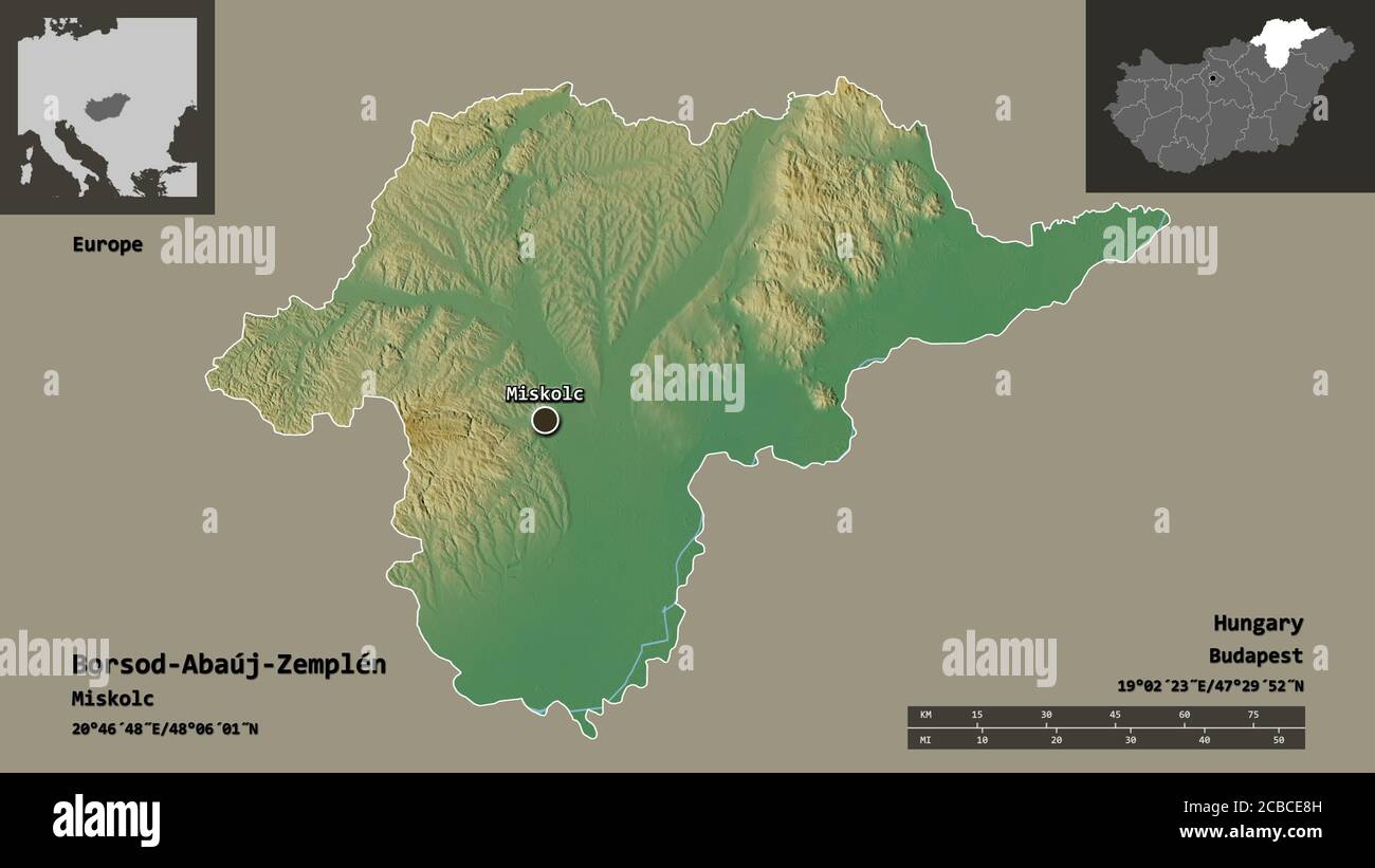 Shape of Borsod-Abaúj-Zemplén, county of Hungary, and its capital ...